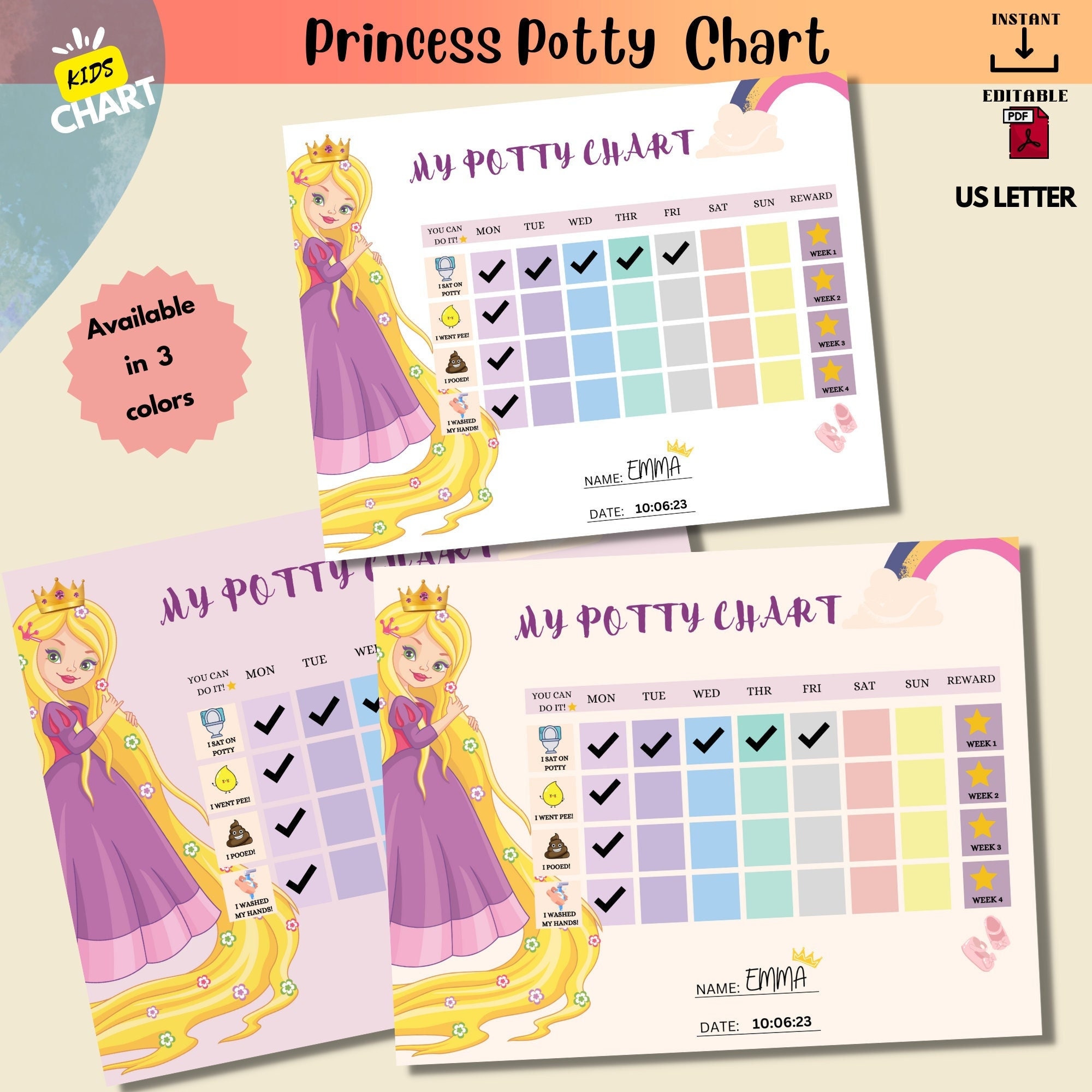 Editable Princess Potty Chartprintable Girl Potty Chartpotty Training ...