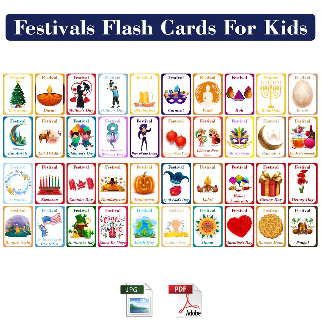 Kids Festival Flash Cards | 5x3.5 Inches | A4 | Instant Download - Etsy