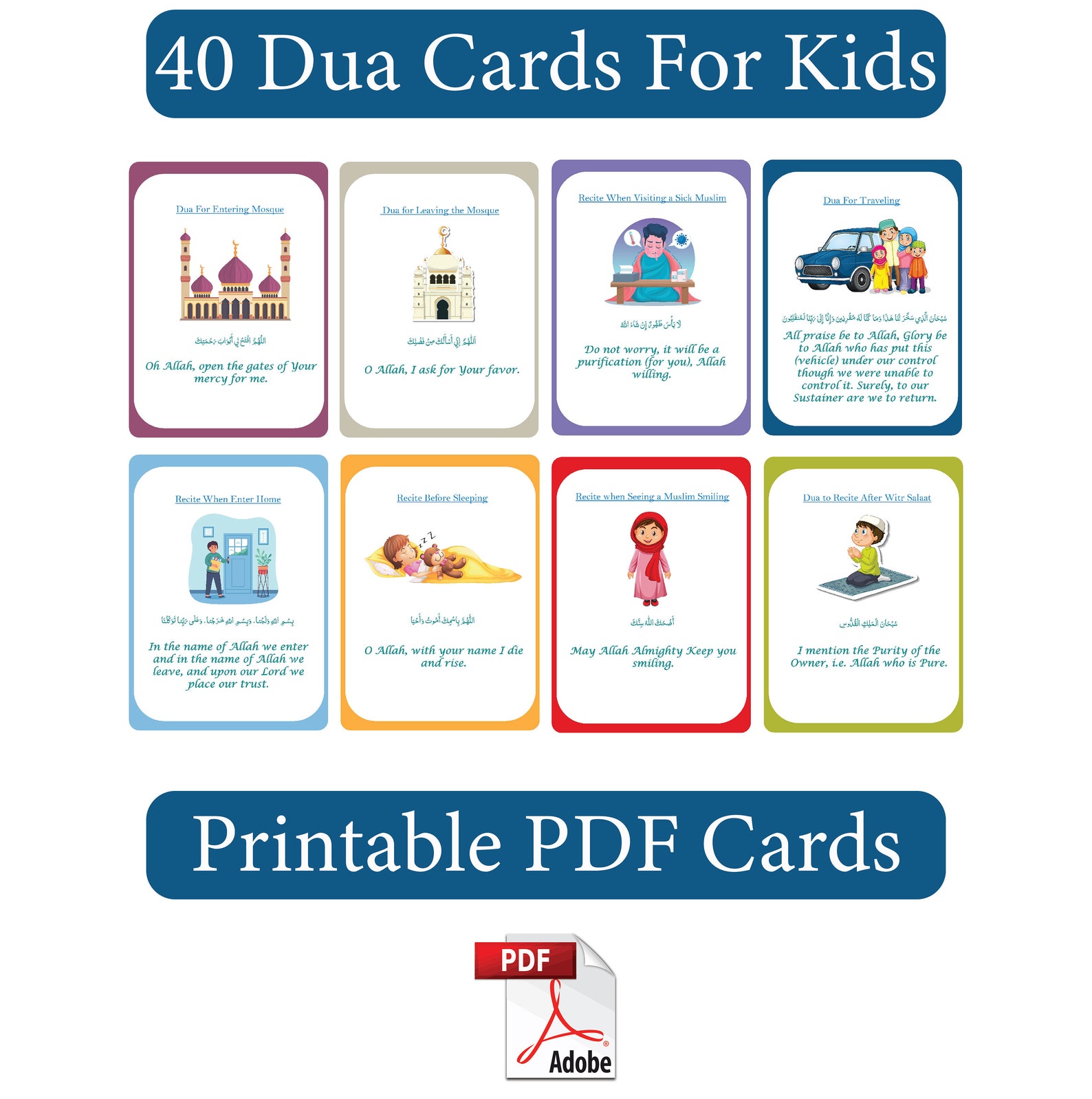 40 Dua Cards for Kids Daily Flash Card Arabic and English Printable PDF ...