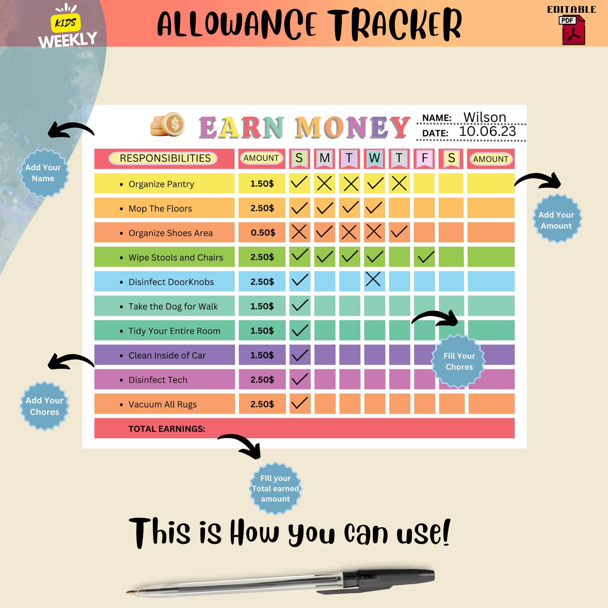 Editable Allowance Chore Chart for Kidsresponsibility Chart ...