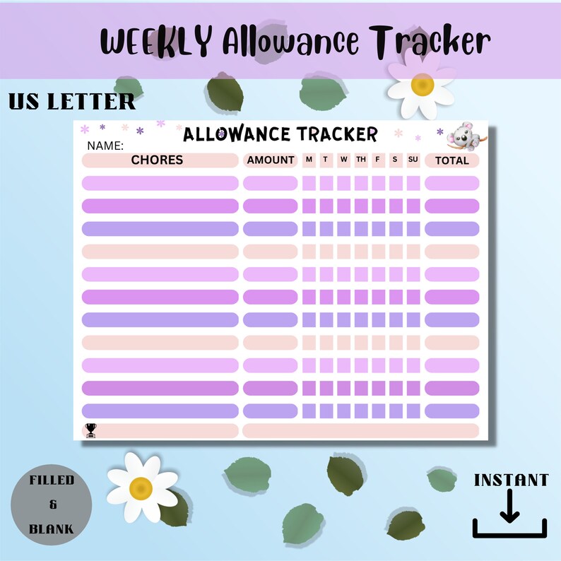 Printable Kids Chore Chart, Allowance Tracker (editable PDF, US Letter ...