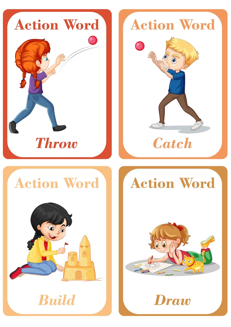 Action Verb Flash Cards – Kids Learning, Printable (JPG & PDF) - Etsy