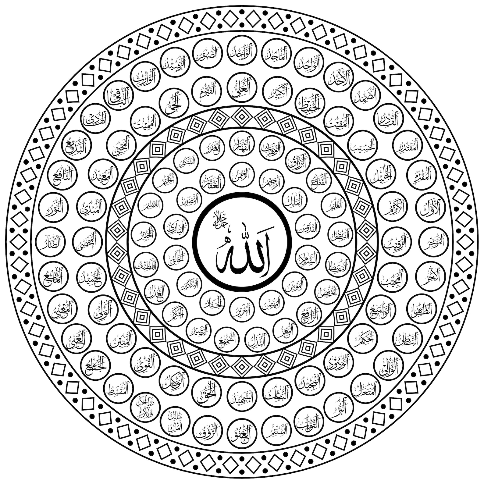 Asma Ul Husna in Circular Design Calligraphy Allah Names in Circles ...