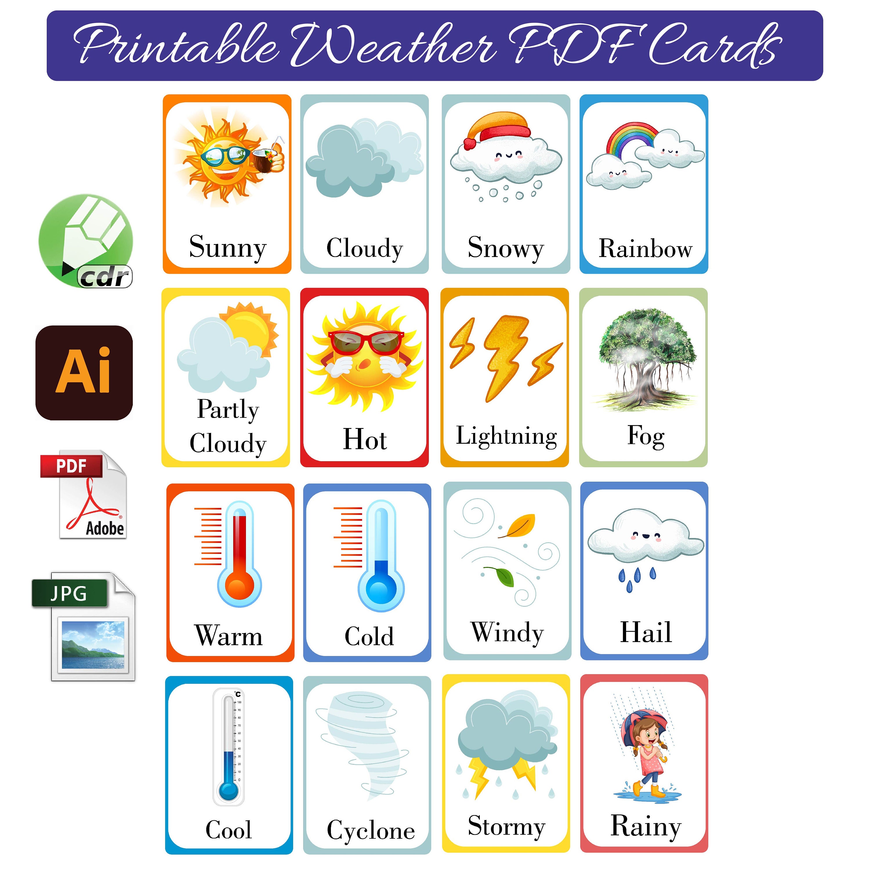 Weather Cards / Flashcards for Kids Printable PDF JPEG CDR Ai Early ...