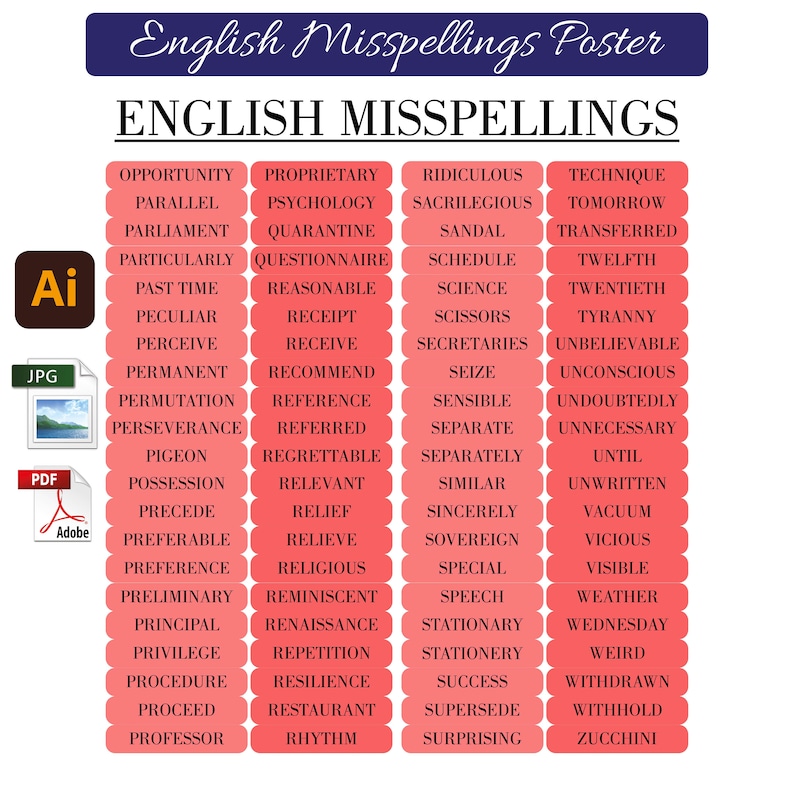 English Misspellings Words Kids Poster 100 Commonly Misspelled Words ...