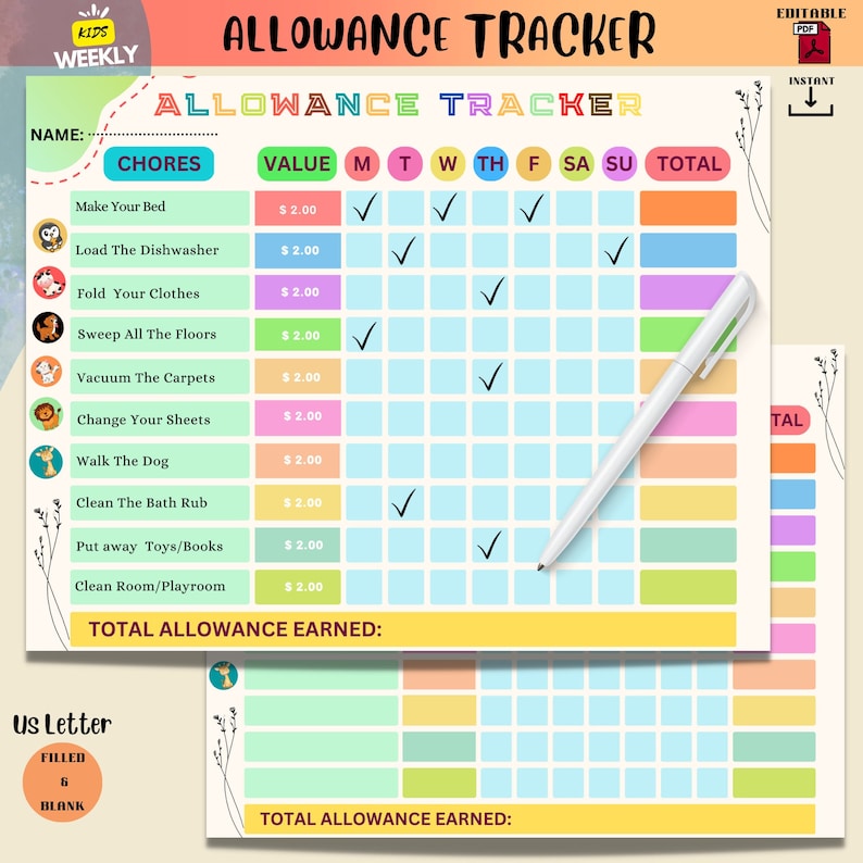 Allowance Tracker for Kids Printable Allowance Chore Chart - Etsy