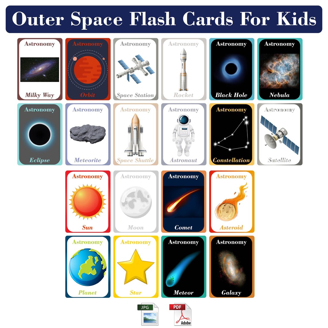 Outer Space Flash Cards | Astronomy Learning for Kids (PDF & JPG) - Etsy