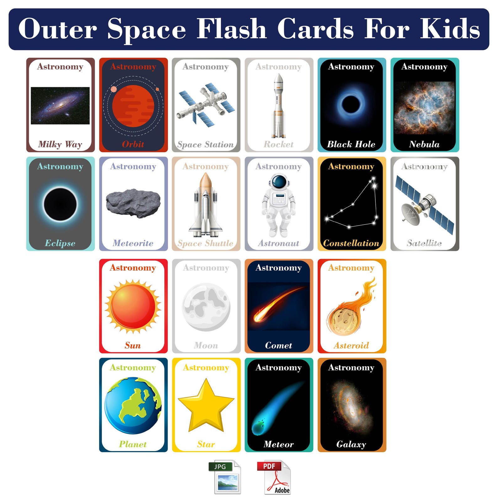 Outer Space Flash Cards | Astronomy Learning for Kids (PDF & JPG) - Etsy