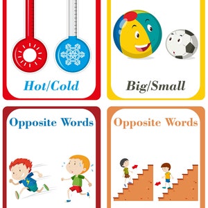 Opposite Words Flash Cards for Kids - Hot/cold, Big/small, Light/dark ...