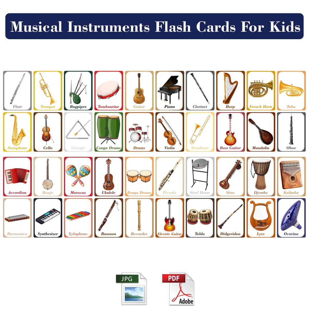 Musical Instruments Flash Cards for Kids - Flute, Guitar, Piano, Drums ...