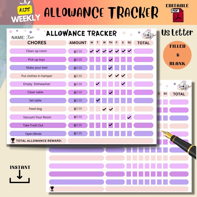 Allowance Tracker , Printable Allowance Chore Chart, Earn Money Chart ...