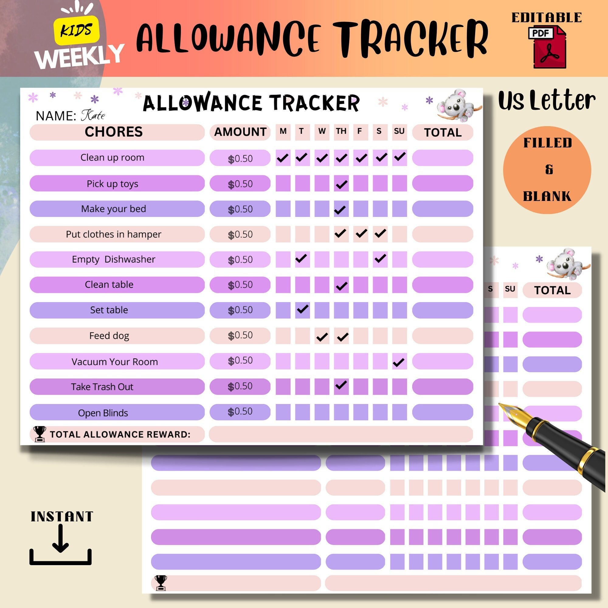 Allowance Tracker , Printable Allowance Chore Chart, Earn Money Chart ...
