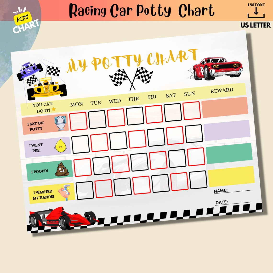 Editable Racing Car Potty Chart | Kids Reward Chart (PDF) - Etsy