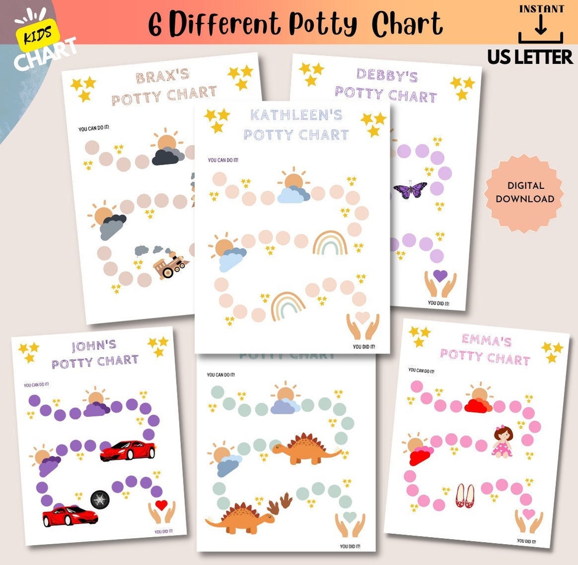 Editable Potty Training Chart | Sticker Reward, 6 Designs (digital ...