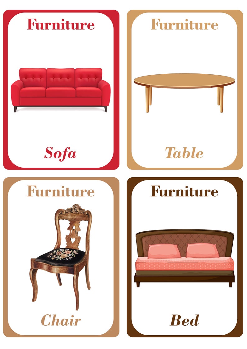Furniture Flash Cards for Kids - Sofa, Table, Bed, Chair, and More ...