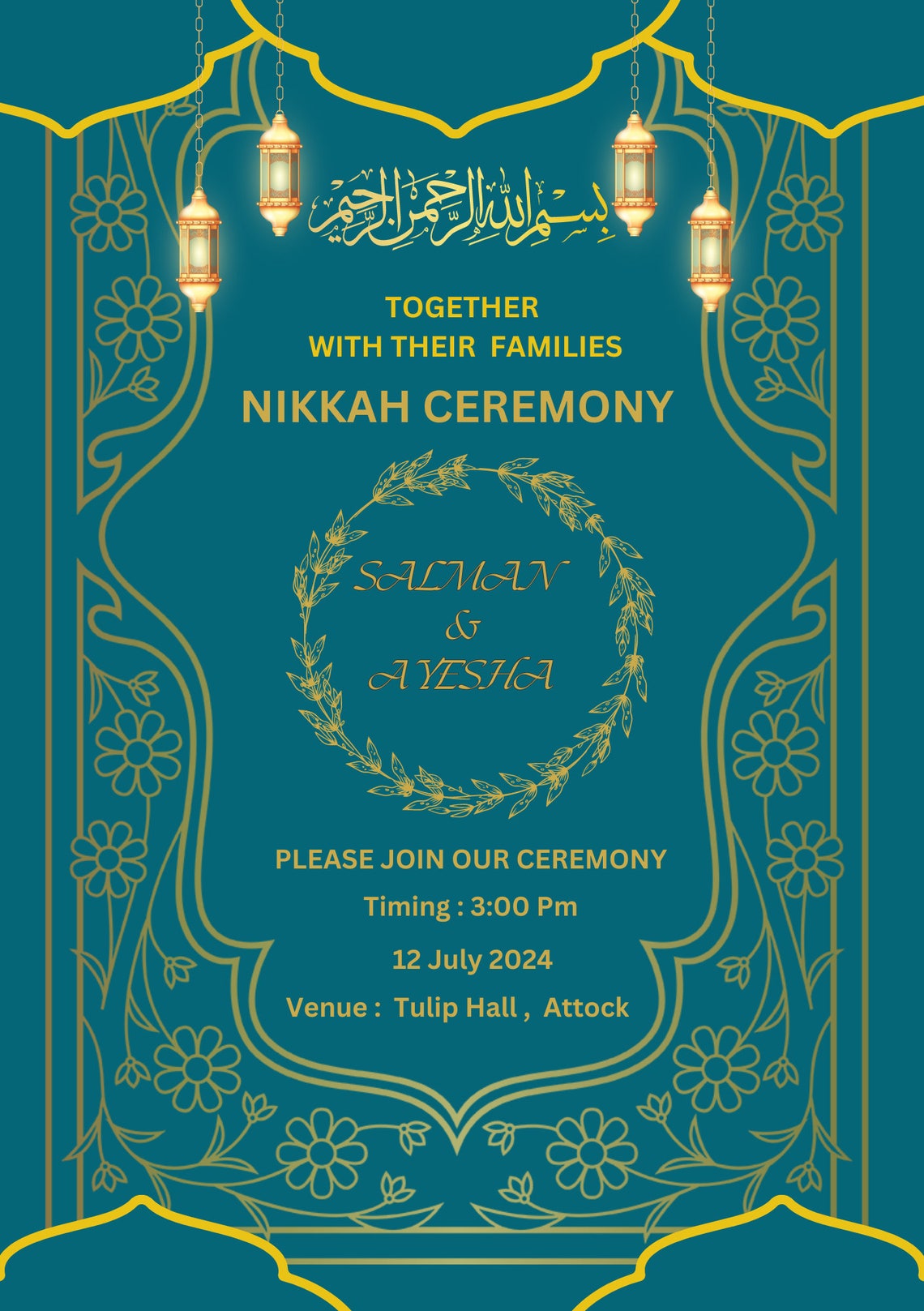 Editable Canva Nikkah Invitation Template Customizable Islamic Wedding ...