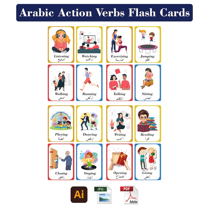 Action Verbs Flash Cards in Arabic بطاقة الذاكرة المدمجة أفعال حركة - Etsy