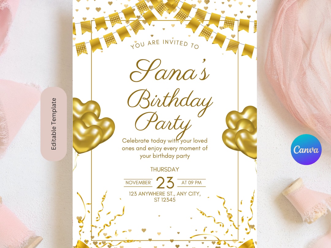 Editable Canva Birthday Invitation Cards | Golden Theme Invitation Card ...
