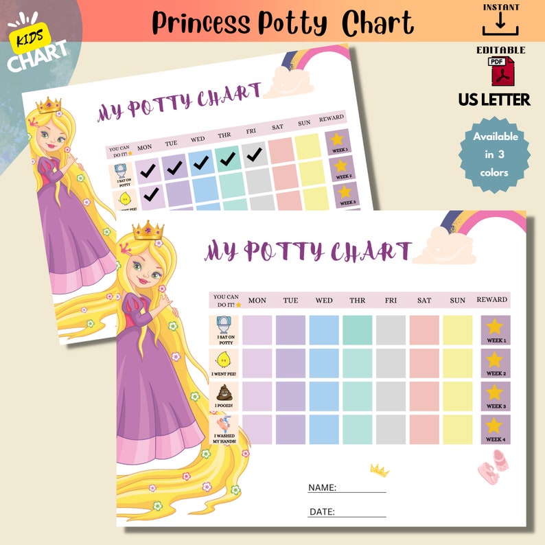 Editable Princess Potty Chartprintable Girl Potty Chartpotty Training ...