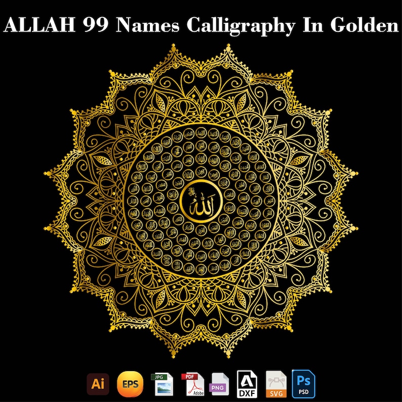 Asma Ul Husna in Mandala Design Golden, Green and Black and White Color ...