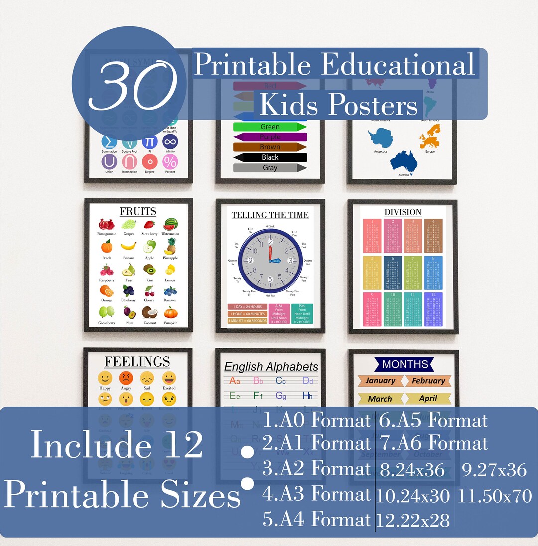 Kids Posters 30 Set Kids Printable PDF and JPG Instant Download - Free ...