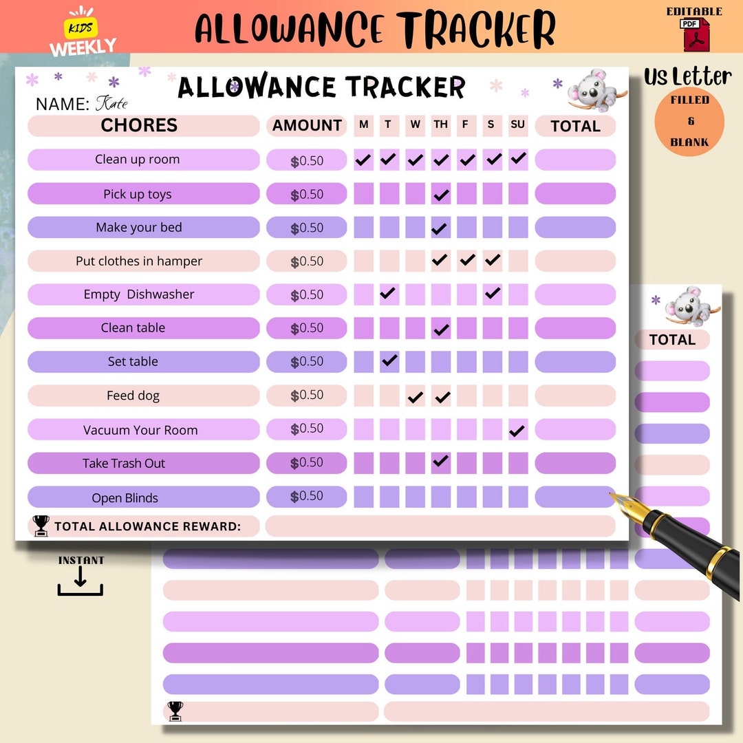 Allowance Tracker , Printable Allowance Chore Chart, Earn Money Chart ...