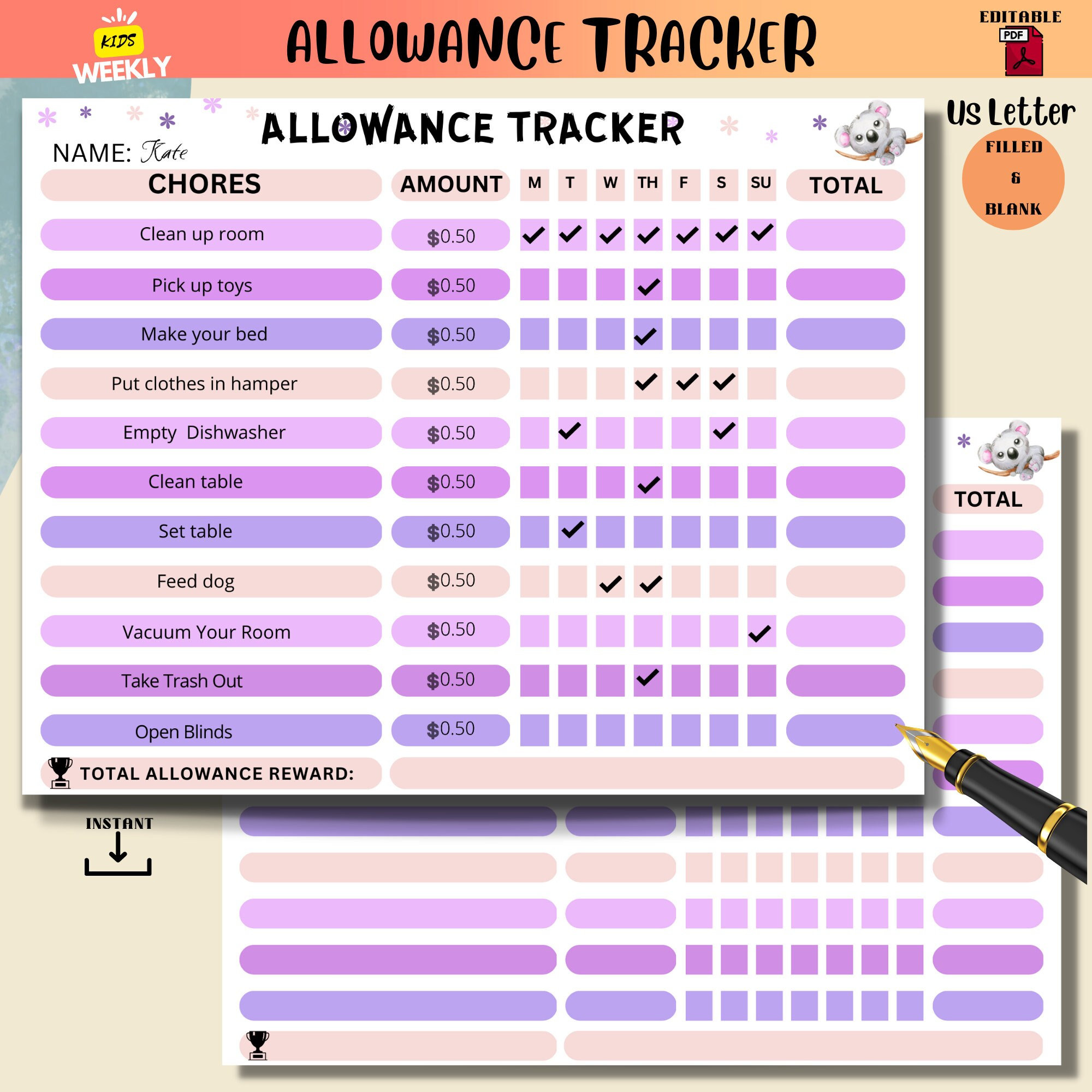 Allowance Tracker , Printable Allowance Chore Chart, Earn Money Chart ...