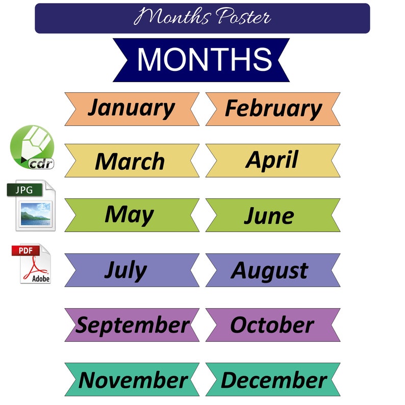 Months of Year Color Poster for Kids Toddlers Printable PDF JPEG and ...