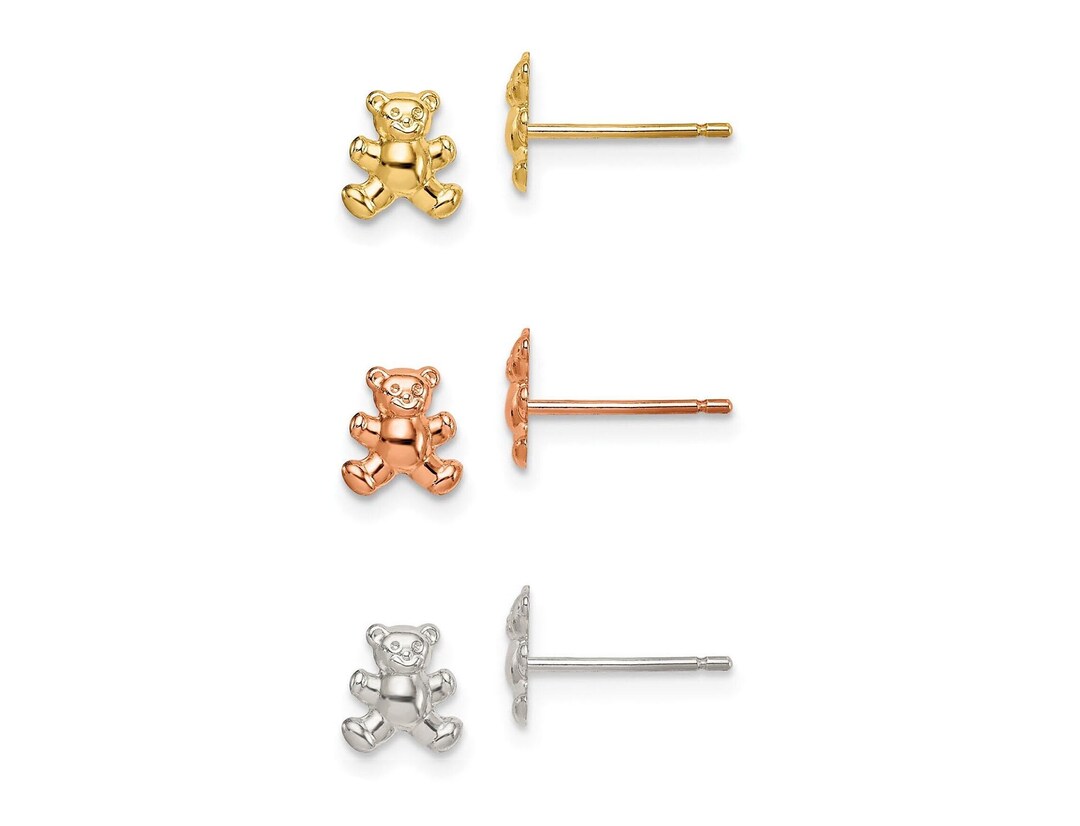 14K Teddy Bear Stud Earrings| 14K Authentic Solid Gold Teddy Bear Studs, 10/14 Karat, Women and ...