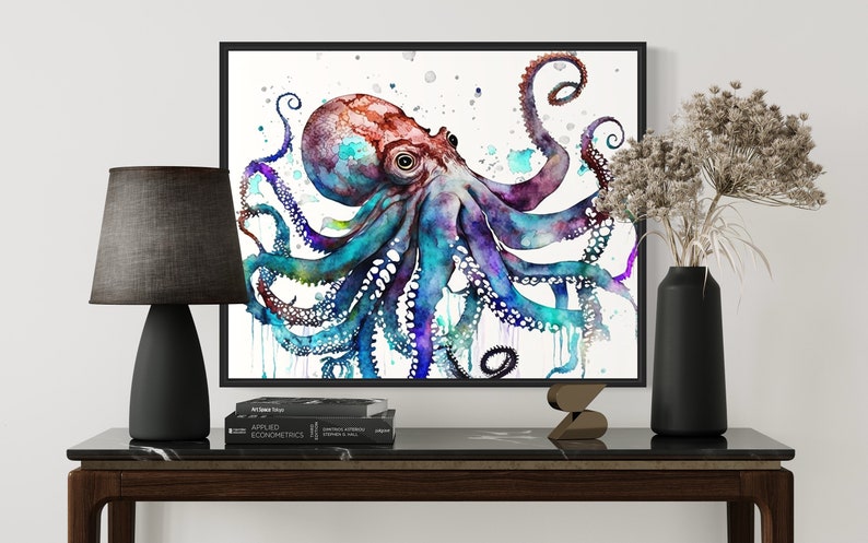 Blue Octopus Watercolor Art Print Blue Octopus Painting Wall - Etsy
