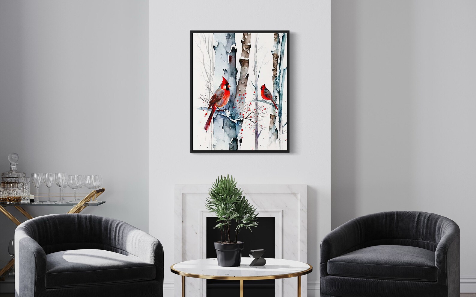 Cardinal and Birch Trees Watercolor Art Print, Cardinals Painting Wall ...