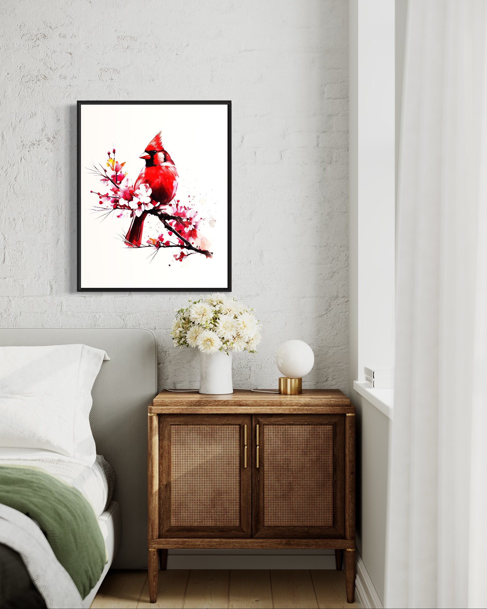 Red Cardinal on Flower Branch Watercolor Art Print Red - Etsy