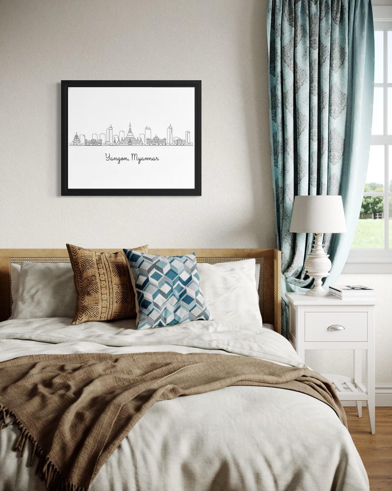 Yangon, Myanmar Line Art US Cities Poster Art Print, Living Room Wall ...