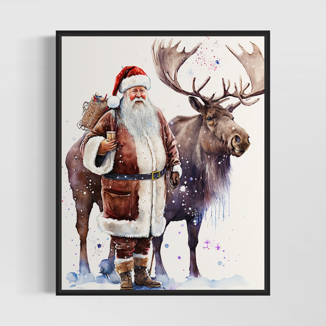 Santa and Reindeer Watercolor Art Print, Santa and Reindeer Painting ...
