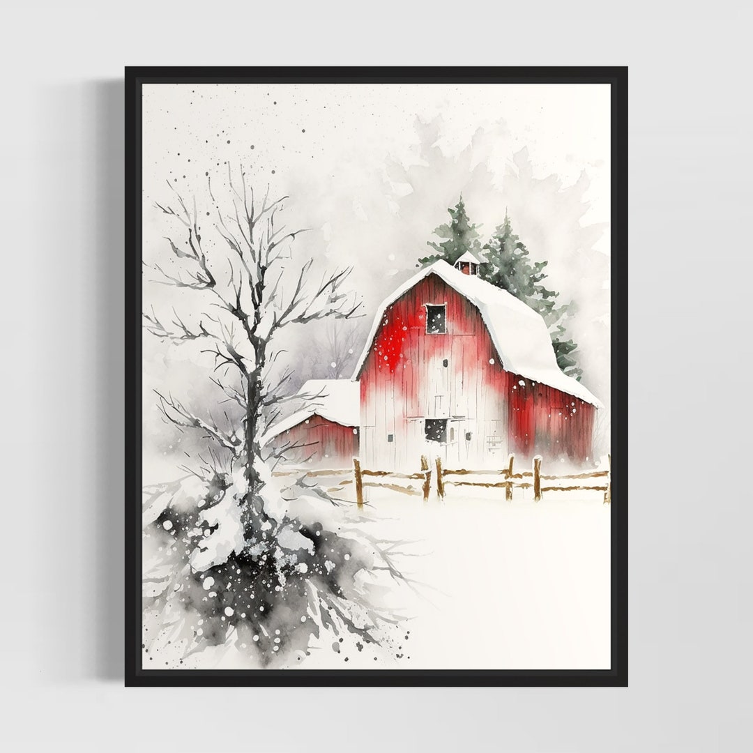 Winter Red Barn Watercolor Art Print, Winter Red Barn Wall Art Poster ...