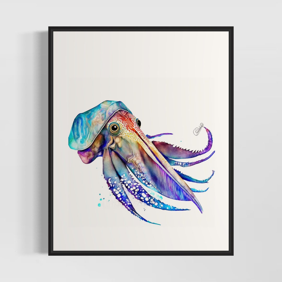 Cuttlefish Watercolor Art Print, Cuttlefish Painting Wall Art Decor ...