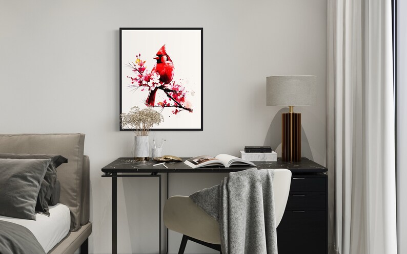 Red Cardinal on Flower Branch Watercolor Art Print Red - Etsy
