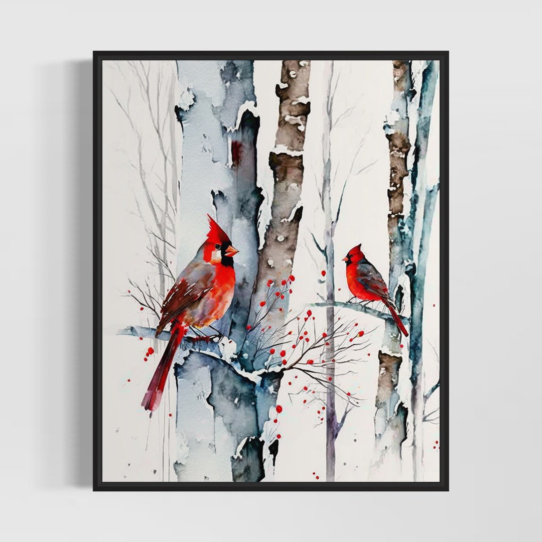 Cardinal and Birch Trees Watercolor Art Print, Cardinals Painting Wall ...