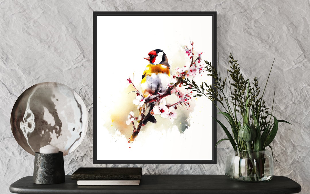 Goldfinch on Cherry Blossom Watercolor Art Print, Goldfinch Painting ...