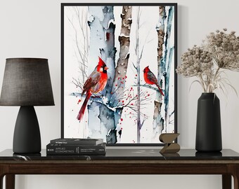 Cardinals Watercolor Art Print Two Cardinals on Branch Cardinal ...