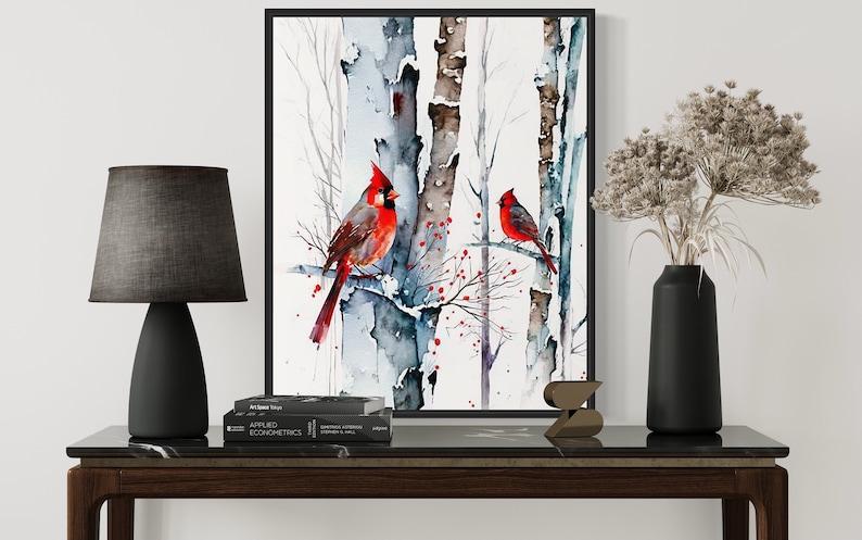 Cardinal and Birch Trees Watercolor Art Print, Cardinals Painting Wall ...