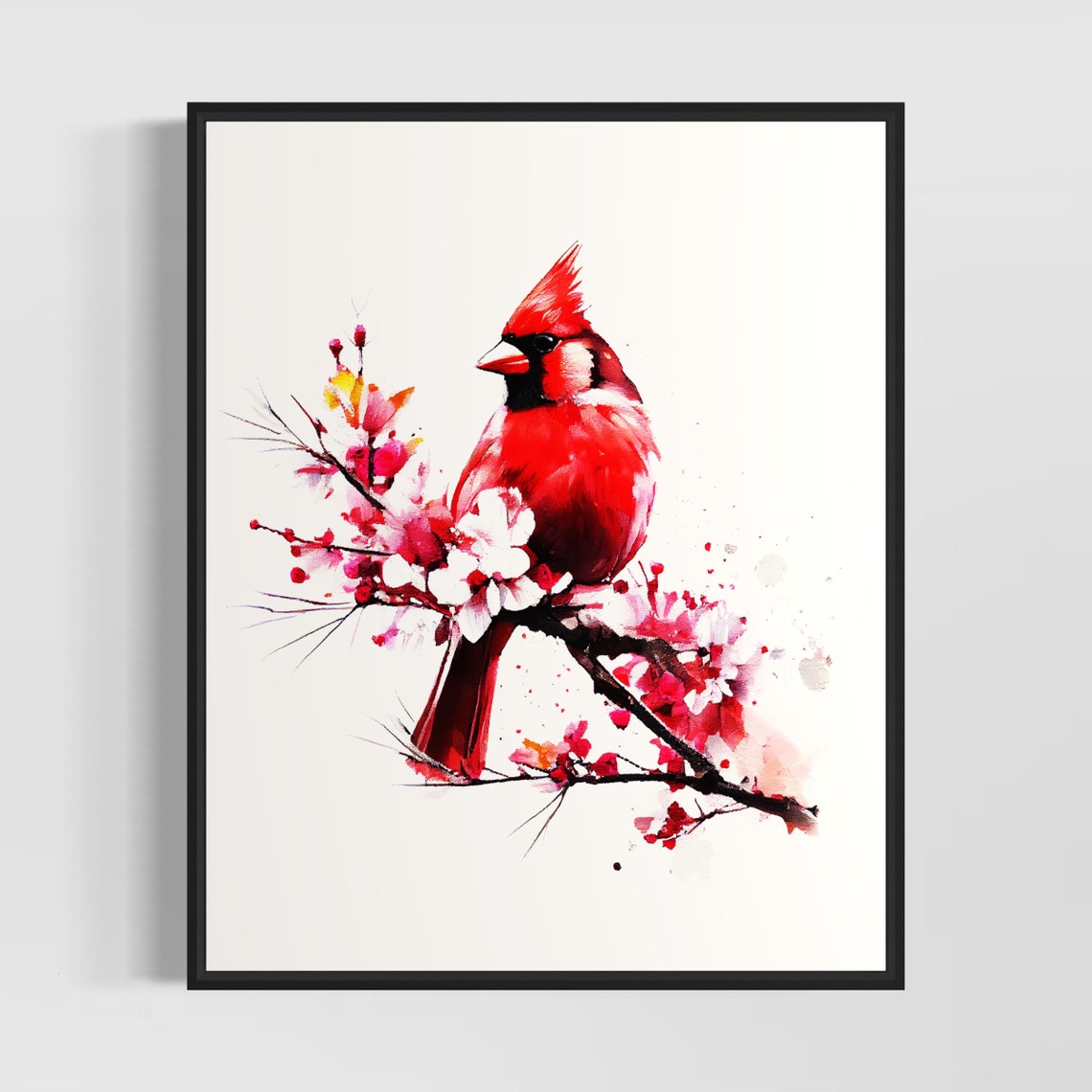 Red Cardinal on Flower Branch Watercolor Art Print Red - Etsy