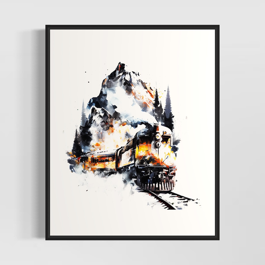 Train and Mountain Watercolor Art Print, Train Painting Wall Art Decor ...