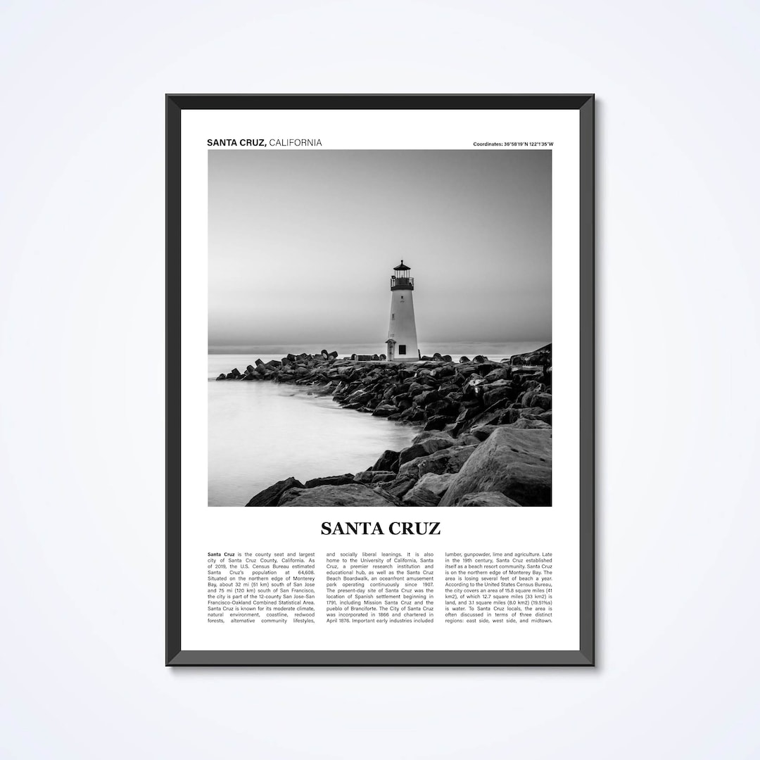 Santa Cruz Black and White Poster, Santa Cruz, California Print, Santa ...