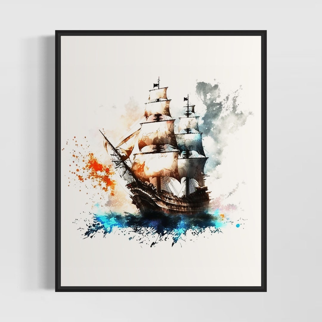 Pirate Ship Watercolor Art Print, Pirate Ship Painting Wall Art Poster ...