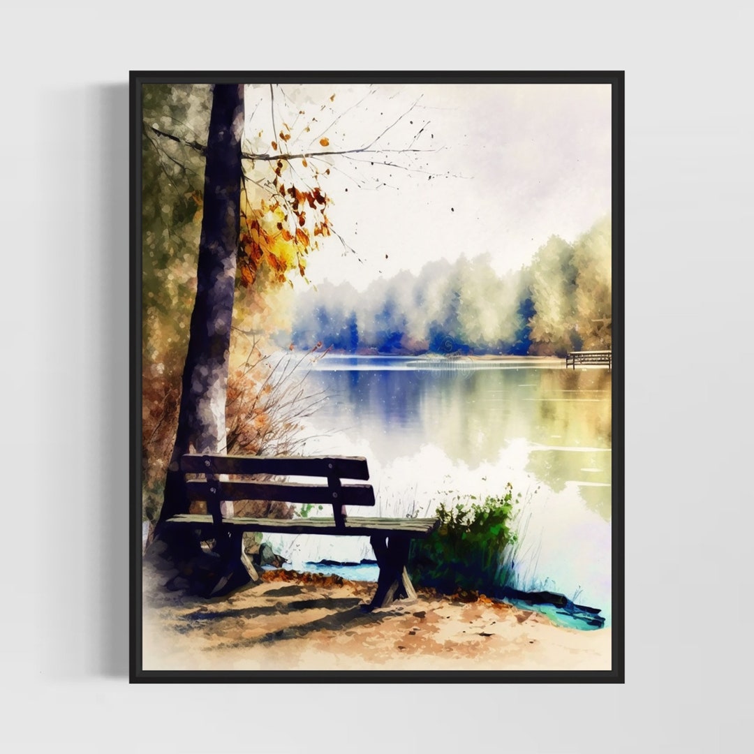 Bank am See Aquarell Kunstdruck, Bank am See Malerei Wand Kunst Dekor ...