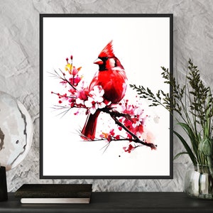 Red Cardinal on Flower Branch Watercolor Art Print, Red Cardinal ...