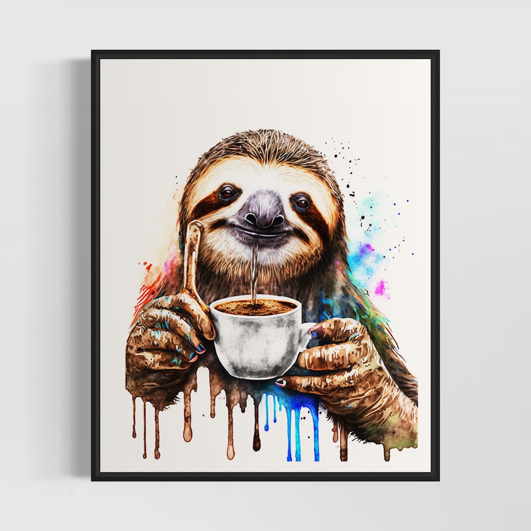 Sloth Drinking Coffee Watercolor Art Print, Sloth Drinking Coffee ...