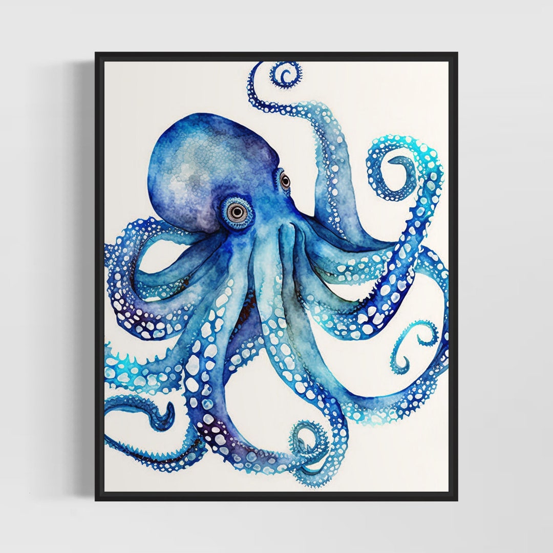 Blue Octopus Watercolor Art Print, Blue Octopus Painting Wall Art Decor ...