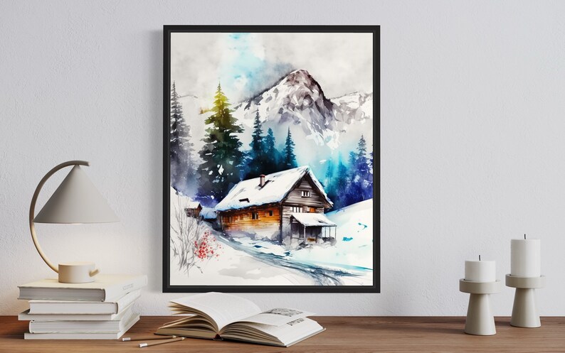 Winter Cabin and Mountain Watercolor Art Print Cabin and - Etsy